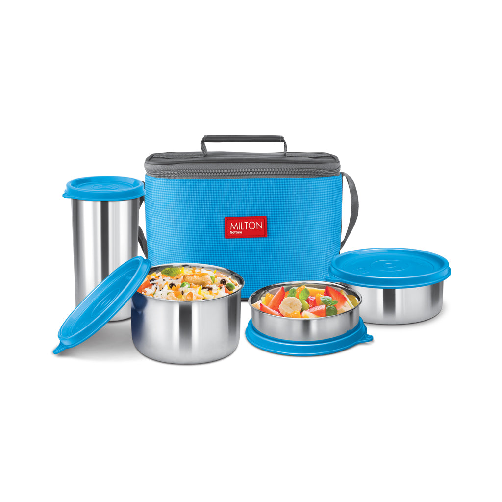 Milton Stainless Steel Insulated Set of 4 Lunch Boxes with Bag - Blue ...